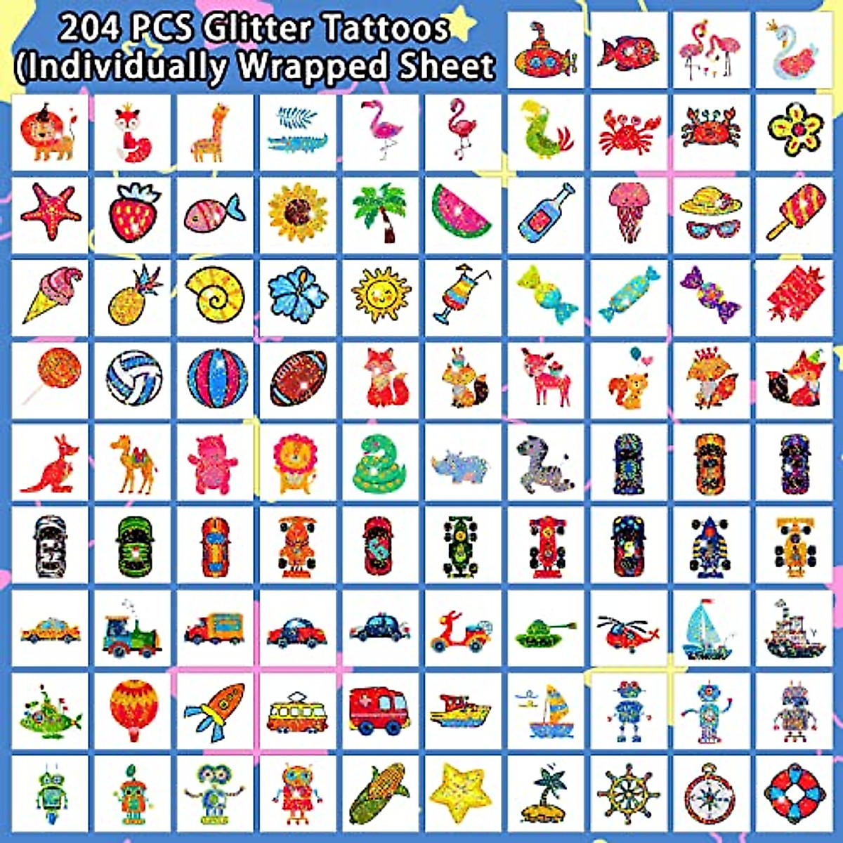Partywind 204 Glitter Styles Individually Wrapped Sheets Kids Fake Tattoos, Birthday Gifts for Boys and Girls Party Supplies Favors, Waterproof Tattoo Stickers for Goodie Bag Stuffers