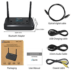 Bluetooth Transmitter Receiver for TV Home Stereo Headphones, 3 in 1 Bluetooth 5.0 Audio Adapter with Screen, AptX Low Latency, Long Range, Optical RCA AUX Coaxial Outputs/Inputs