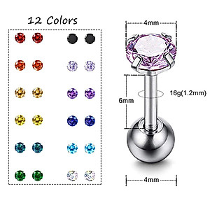 ZS 12 Pairs CZ Ear Stud Mixed Colors Cartilage Earrings Set Stainless Steel Barbell Studs Earrings Helix Tragus Piercing (Ball Backs,16g(1.2mm))