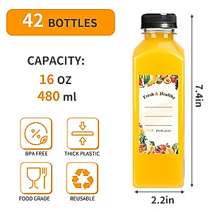 Moretoes 42pcs 16oz Plastic Juice Bottles with Caps, Refrigerator Juice Container with Lid, Reusable Container and Clear Beverage Bottle Can Hold Juice, Smoothies, Milk