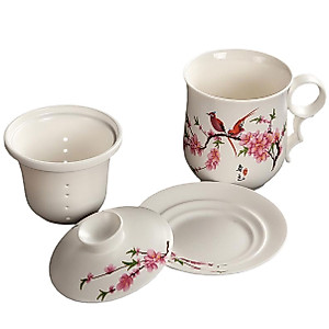 BandTie Convenient Travel Office Loose Leaf Tea Brewing System-Chinese Jingdezhen Blue and White Porcelain Tea Cup Infuser 5-Piece Set with Tea Cup Lid and Saucer (Peach Blossom)