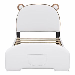 YSWH Twin Size Upholstered Bear Shaped Platform Bed, Wood Platform Bed Frame with Bear Ears Headboard and Pocket on The Footboard, Kids Bedroom Furniture Fun Cute Bear Bed Cartoon Bed (White)