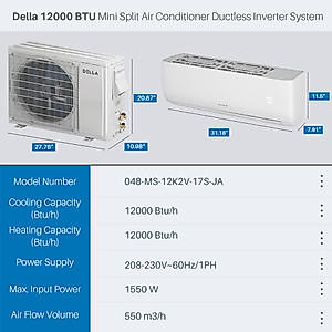 DELLA Motto Series 12000 BTU Wifi Enabled Mini Split Air Conditioner & Heater Ductless Inverter System, 17 SEER, 9 HSPF 208-230V Energy Efficient Unit with 1 Ton Heat Pump, Cools Up to 550 Sq. Ft.