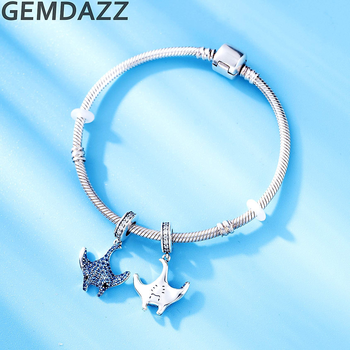 3D Devil Manta Ray Fish Charms, Charm fits Pandora Ocean Animal Bracelet, 925 Sterling Silver Sparkling Pave Blue CZ Pendant Beads, Gift for Hawaii Vacation/Christmas/Birthday