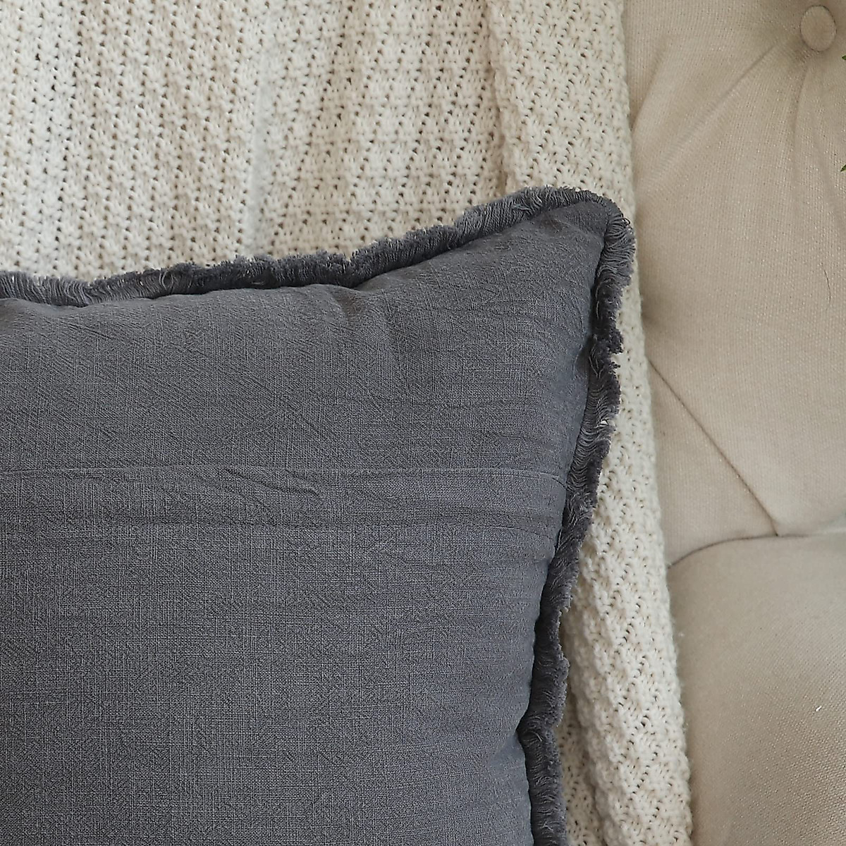 Hckot Linen Pillow Cover 18x18 Inch Gray Throw Pillow Cover with Tassel Fringed Decorative Rustic Throw Pillows for Couch Sofa Bed Boho Cushion Covers Decor Cream Grey