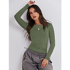 ANRABESS Women’s Long Sleeve Shirts Tight Fitted Going Out Crop Tops Crewneck Basic Tee Y2k Outfits Teens Girls Clothes Army Green S