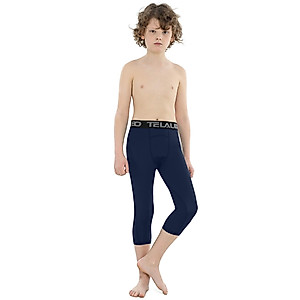 TELALEO 3/4 Boys Youth Compression Leggings Tights Base Layer Sports Running Capris Kids for Workout Training 3PACK S