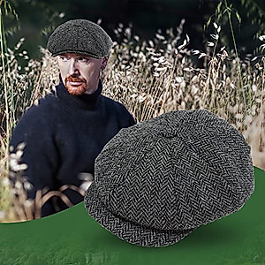 Biddy Murphy Newsboy Hat for Men Irish Flat Cap 100% Wool Tweed, Herringbone, Imported, Large Gray
