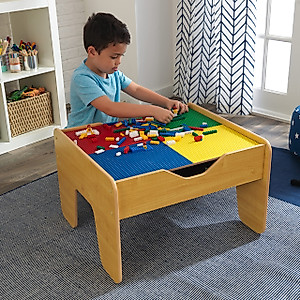 KidKraft 2-in-1 Reversible Top Activity Table with 200 Building Bricks and 30-Piece Wooden Train Set, Natural, Gift for Ages 3+