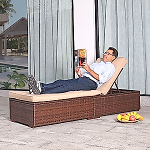 Patiorama Patio Chaise Lounge Chair, Sun Lounger, Outdoor Pool Beach Brown PE Rattan Wicker Reclining Chair W/Adjustable Backrest, Weather Cover, and Removable Cushion (Beige), Set of 2