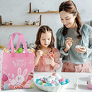 16 Pack Easter Gift Bags Reusable Tote Bag With Handle, Bunny Easter Egg Non-Woven Bag Foldable Water Resistant Treat Bag for Holiday Party Favors …