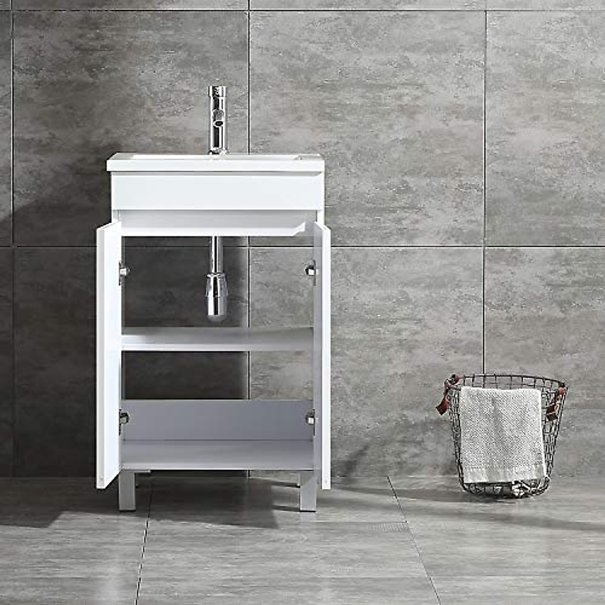 Sliverylake 20 Inch Free Standing Bathroom Vanity Cabinet with 2 Doors Undermount Resin Sink and Chrome Faucet Combo White