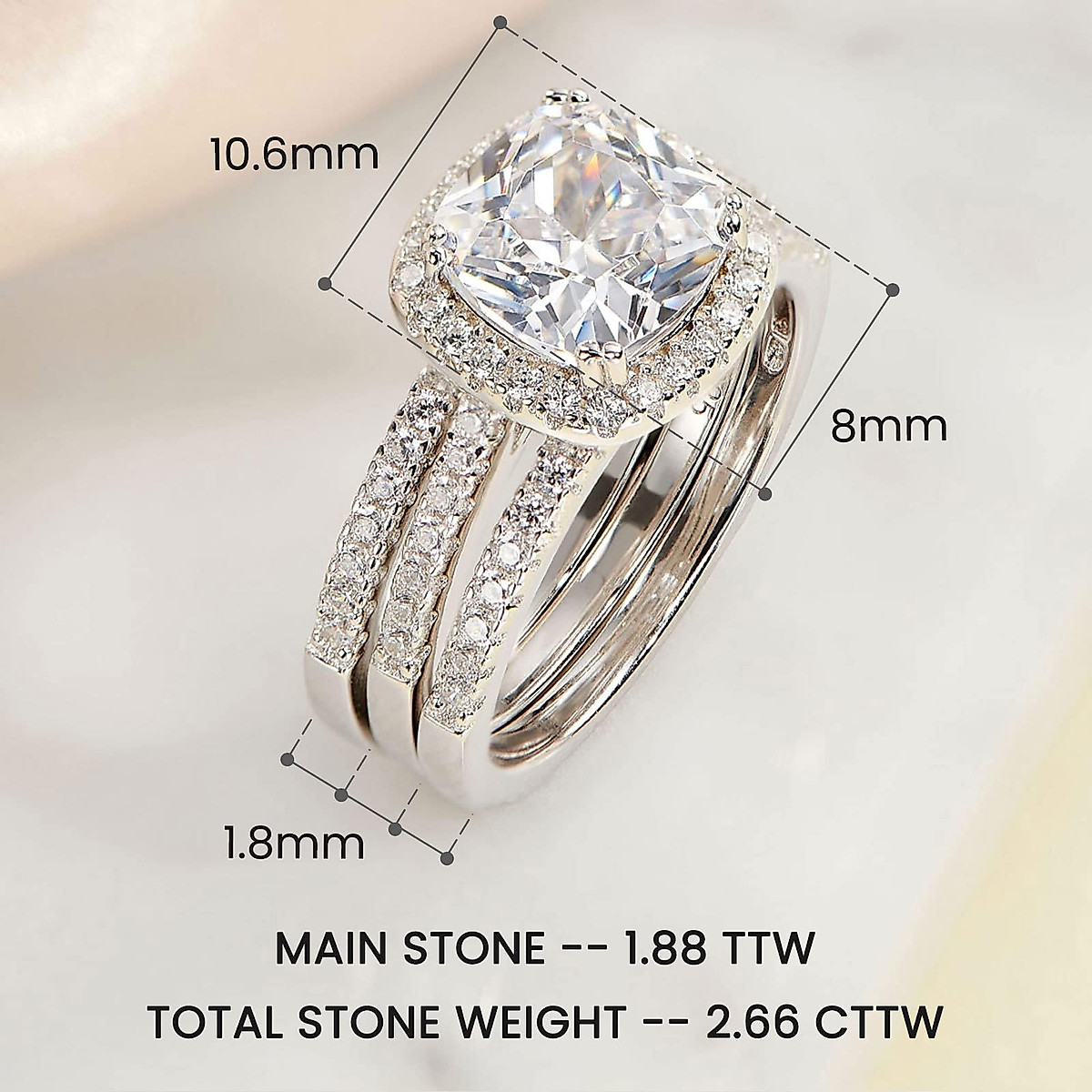Blongme 2.66CT Wedding Engagement Rings Set for Women 925 Sterling Silver Cushion Halo CZ Wedding Bands Promise Bridal Ring Enhancer for her Size 8