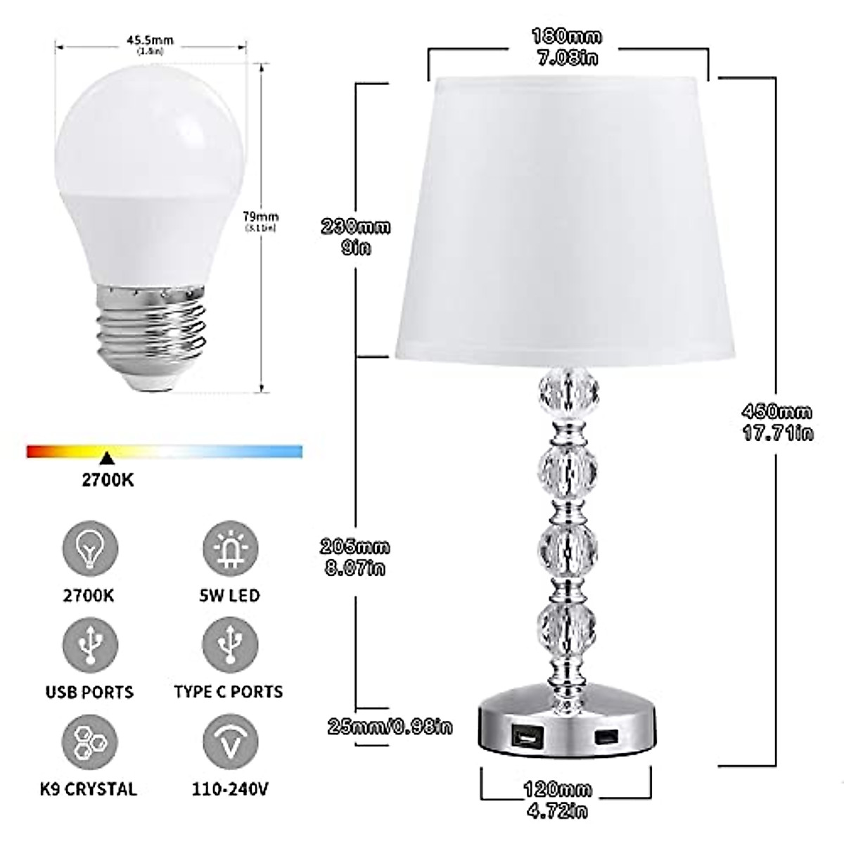 Unfusne Set of 3 Crystal Lamp with USB Port - Touch Control Table Lamp for Bedroom 3 Way Dimmable Nightstand Bedside Lamp with White Fabric Shade, Small Lamps for Living Room, Dorm, Home,Office