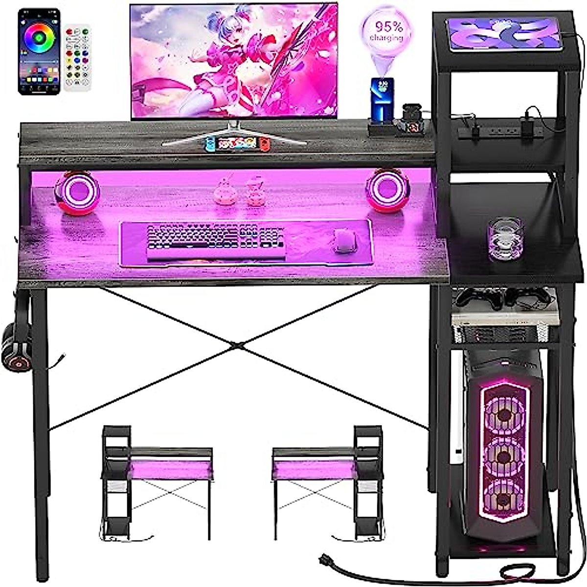 armocity 2023 Upgrade Gaming Desk with LED Lights, Small Computer Desk with Long Monitor Stand, 40'' Reversible Laptop Table with Storage Shelves, Small Desk for Small Spaces, Gaming Room, Grey