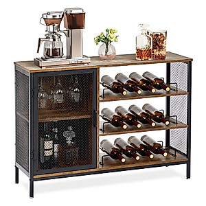 Fashionwu 42 Inches Wine Cabinet with Storage Shelf, Industrial Bar Cabinet with Removable Wine Rack and Glass Holder, Wood Freestanding Wine Rack Cabinet for Liquor and Glasses(Brown)