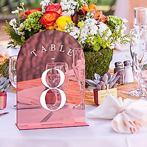 Wedding Table Numbers, 1-15 Mirror Arch Table Numbers with Stands, 5"x7" Table Number Signs and Holders Perfect for Wedding Reception, Event, Party, Restaurant (Arch Rosegold)