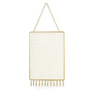 Hanging Jewelry Organizer,Metal Wall Mounted Earring Display Hanger with Hooks,Gold Mesh Necklaces Bracelets Holder Closet Storage Rack for Girl Women 28 * 18cm