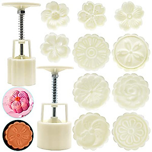 2 Set Mooncake Mould Press With 10 Stamps, FineGood Round Cherry Blossom Mooncake Mould Dessert Decoration for DIY Cookie Hand Pressure Mooncake Baking Tools (50g, 75g)