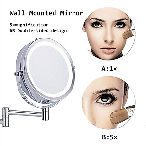 SUuim Bathroom Mirrors Wall Mounted Makeup with LED Lights Double Side Extending Folding Round 6 Inch 5X Magnification