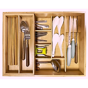 COIWAI Double layer Bamboo Kitchen Drawer Organizer, Utensil Drawer Organizer, Silverware & Cutlery Tray,With Slidable & Removable Utensil Tray,With Knife Holder, Flatware Organizer, Drawer Divider,