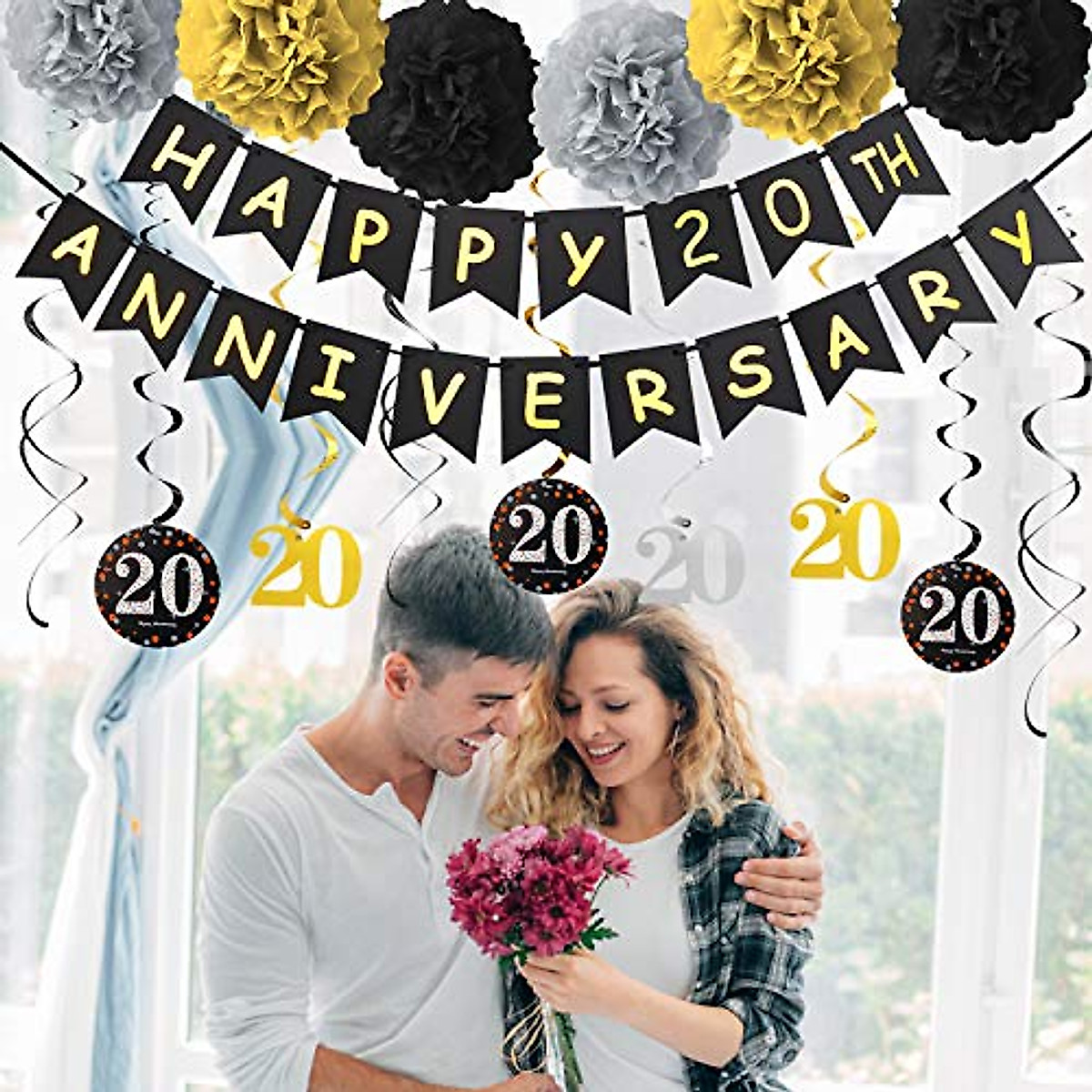 Yoaokiy 20th Anniversary Decorations Supplies Kit - Including Glitter Happy 20th Anniversary Banner, 9Pcs Hanging Swirl, 6Pcs Poms - 20th Wedding Anniversary Party Decorations Photo Props…
