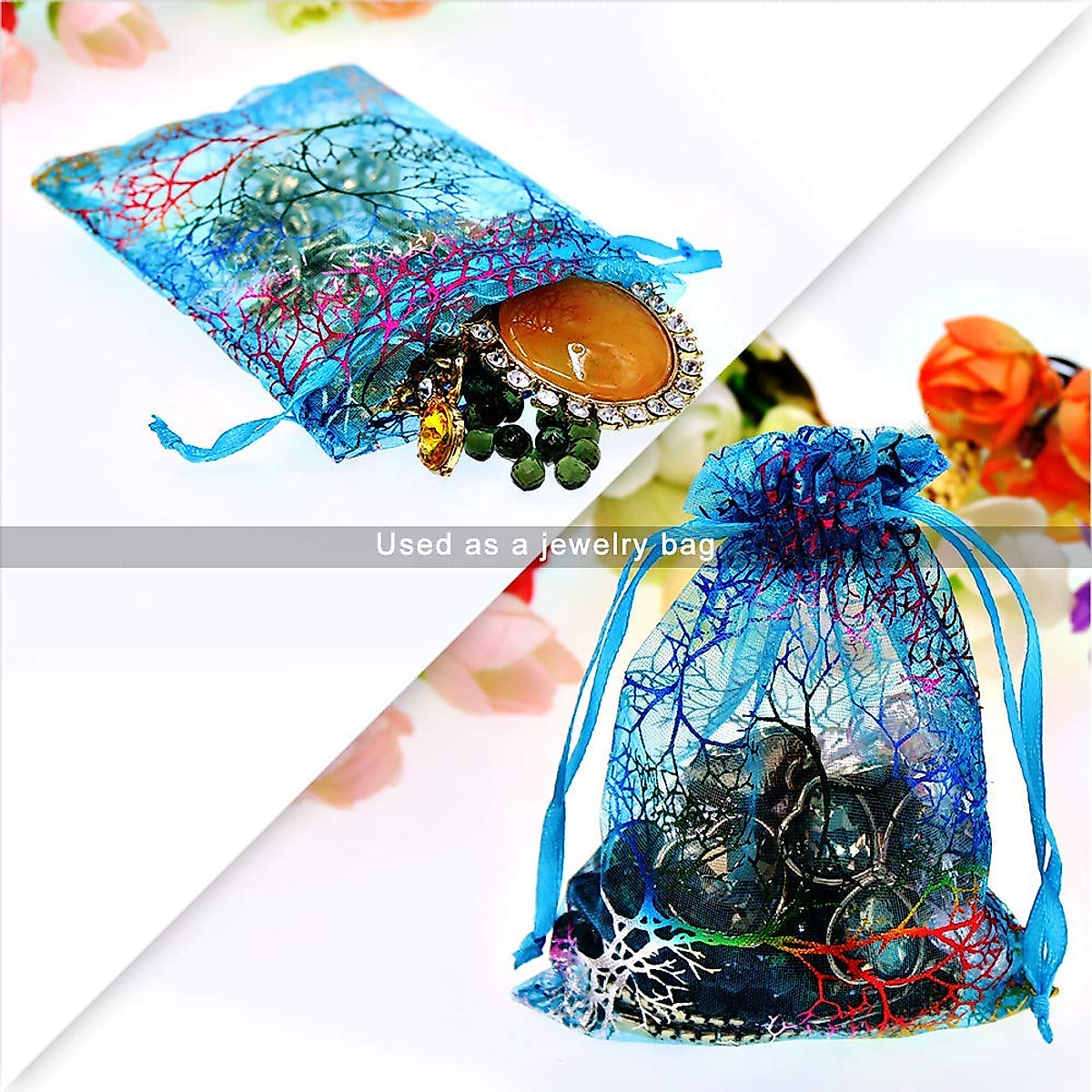 SumDirect 100Pcs 5x7 Inch Blue Coralline Drawstring Organza Bags, Jewelry Favor Pouches for Gift Wedding Party Festival