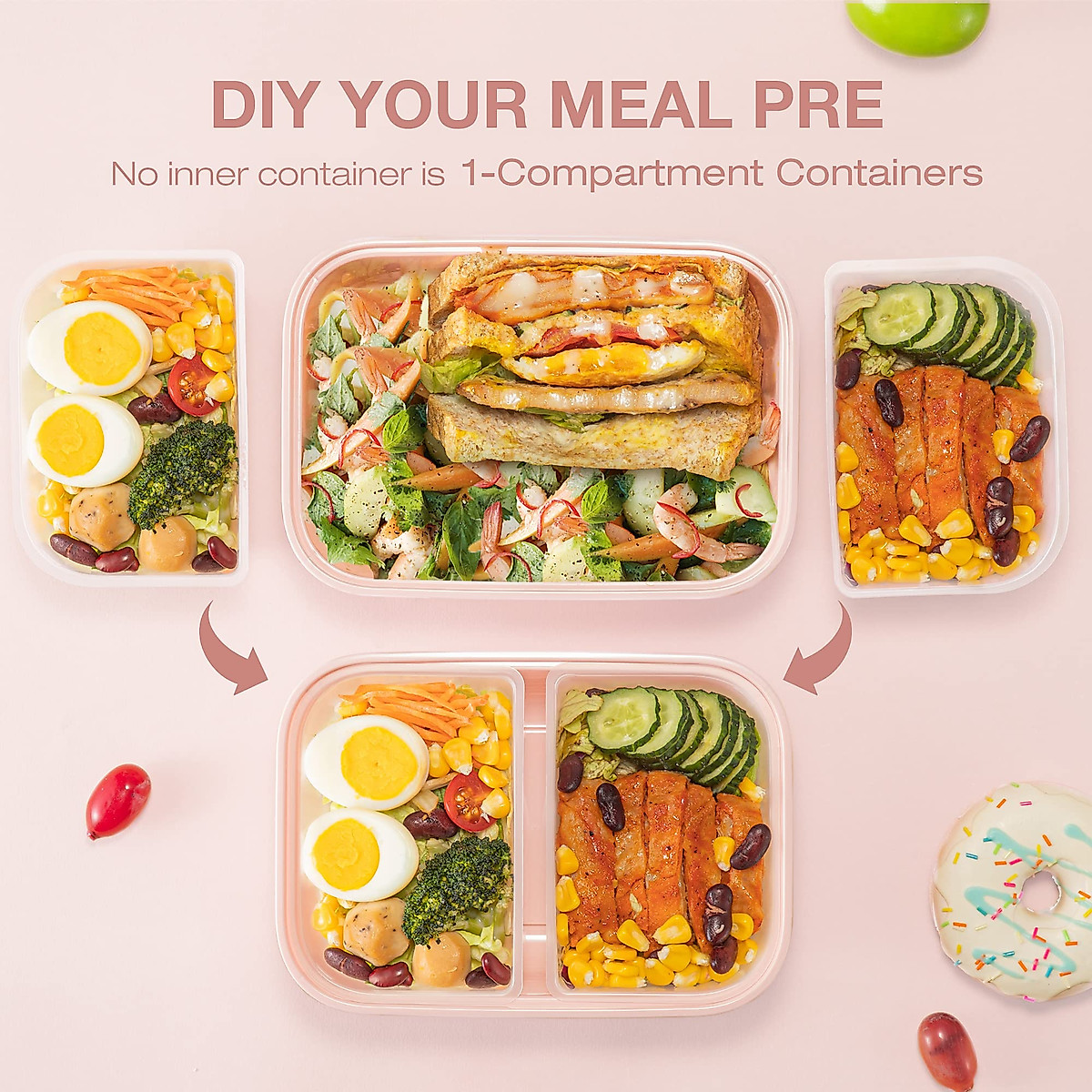 Glotoch Pink Meal Prep Containers Reusable,38OZ 1or2 Compartment To Go Containers, Double Use as Divided Plastic Food Prep Containers with Lids for Lunch, Microwave&Freezer Safe, BPA-Free,30 Packs