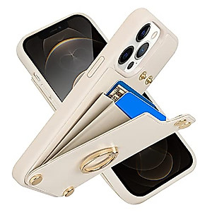 LAMEEKU for iPhone 12 Pro/iPhone 12 Wallet Case 6.1'', Leather Case with Card Holder, 360°Rotation Ring Stand, RFID Blocking Protective Case for Women for Apple iPhone 12 / iPhone 12 Pro Beige