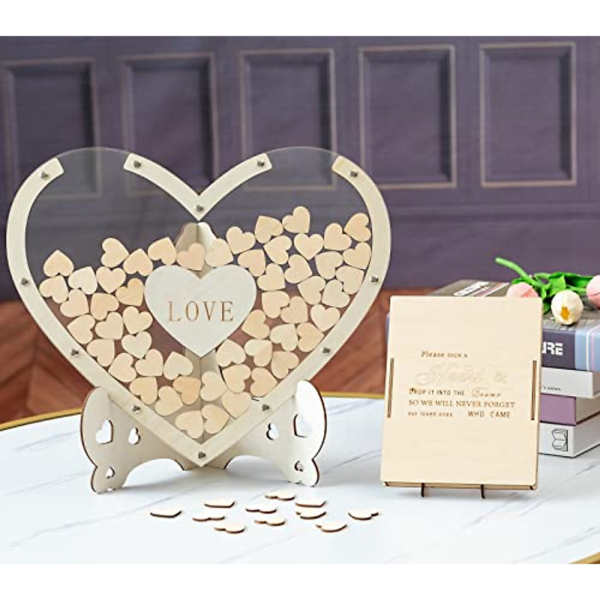 Wooden Wedding Guest Book Alternative Transparent Heart Wedding Guest Books for Reception Guests to Sign with Drop Box Gifts for Bride,Graduation Anniversaries Party Reception, 80 PC (Hearts)