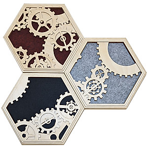 Now Spinning Curated Pack - 16 Acoust-Hex Sound Absorbing Panels with 3 Artistic Wood Diffuser Patterns Hexagon Tiles (Gears - Maroon, Grey, Black)
