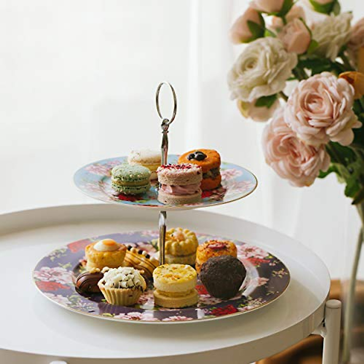 BTaT - Floral 2 Tier Round Porcelain Cupcake Stand, 2Tier Serving Tray, Dessert Stands, Tea Party Supplies, Party Table Decoration, Dessert Display Stands, Cookie Trays for Parties