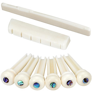 Blisstime 6 String Acoustic Guitar Bone Bridge Saddle and Nut and 6pcs Guitar Bone Bridge Pins Made of Real Bone