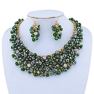 Bocar Fashion Crystal Chunky Collar Statement Necklace Earring Set for Women Gift (NK-10260-Green)