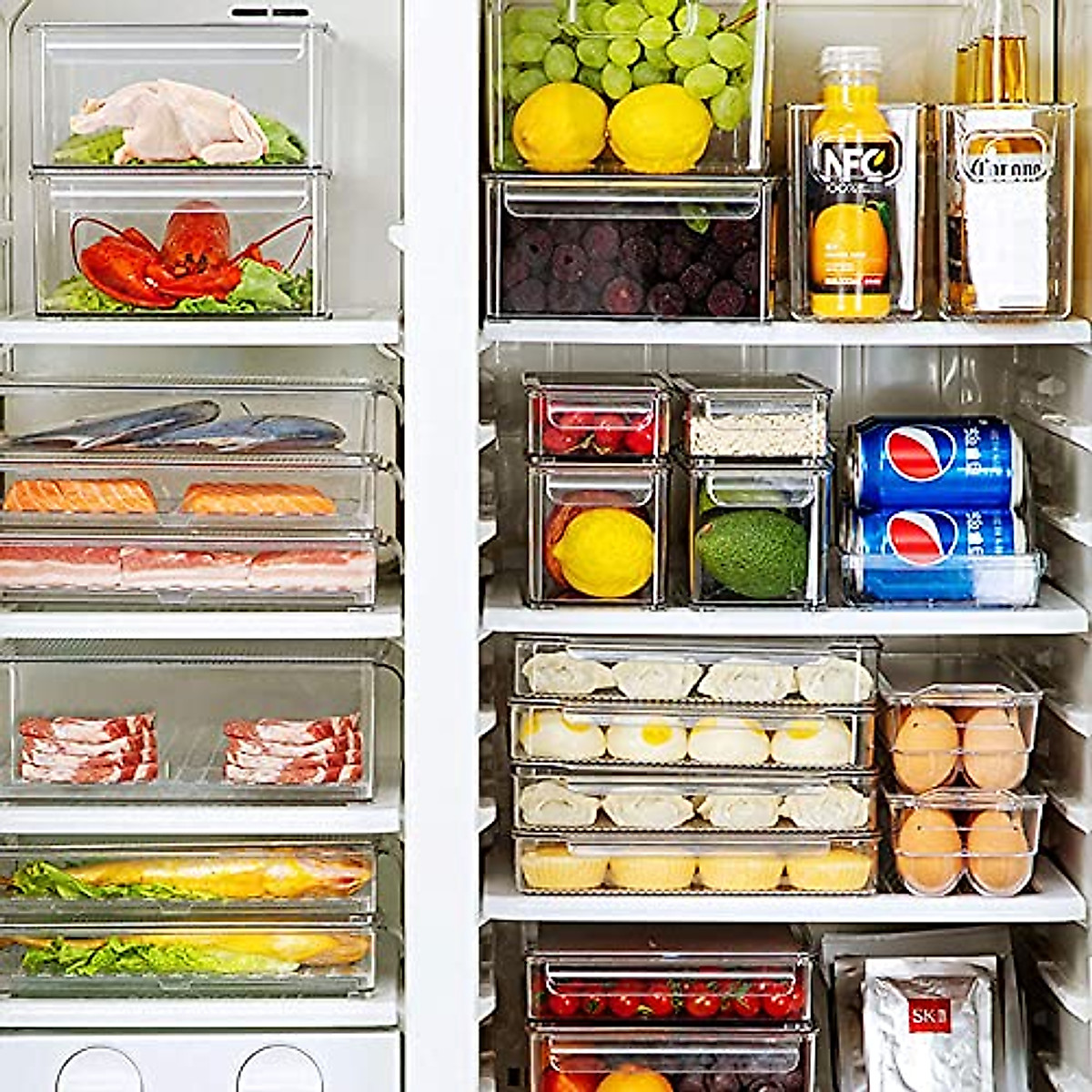 elabo Food Storage Containers Fridge Produce Saver- Stackable Refrigerator Organizer Keeper Drawers Bins Baskets with Lids and Removable Drain Tray for Veggie, Berry and Fruits