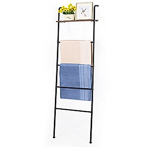 LIANTRAL Blanket Ladder, Towel Ladder for Bathroom, Wall Leaning Towel Ladder Blanket Holder Rack with Wood Shelf for Living Room Bathroom, Decorative Ladder for Blankets (5-Tiers, Black)