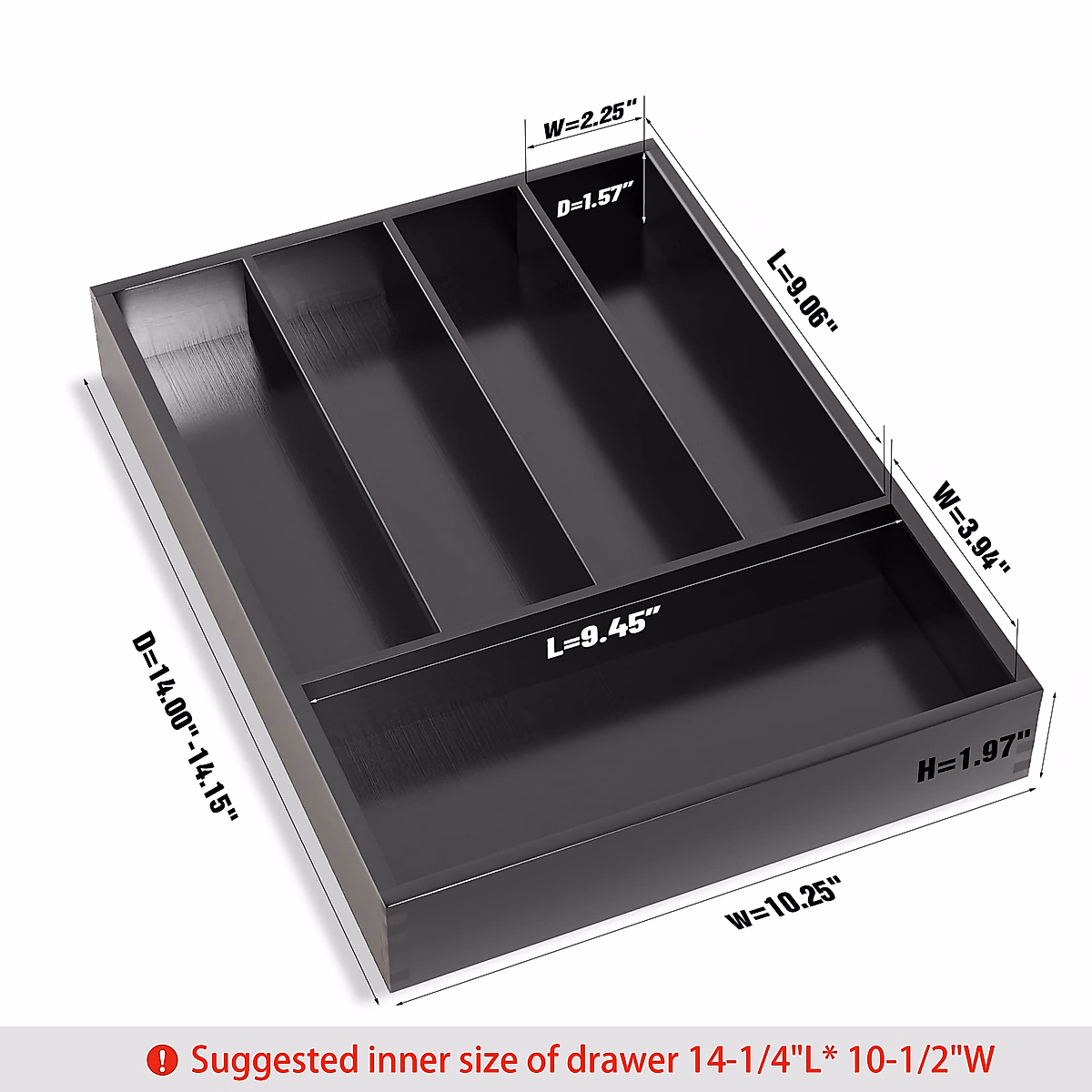 Silverware Drawer Organizer Cutlery Tray - Bamboo Black Small Kitchen Gadgets Holder&Flatware Storage 14"D * 10-1/4"W * 2"H