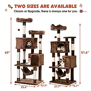 Quuzee Cat Tree for Indoor Cats - 63in Multi-Level Large Cat Tower with 2 Big Cat Condos, 2 Padded Perches, Hammock, 6 Sisal-Covered Scratching Post and Toys for Kittens Pet Play House, Brown