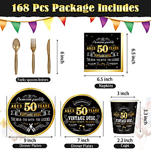 168 Pcs Vintage 50th Party Tableware Set, Black Gold Vintage Happy 50 Birthday Tablecloth 24 Guests Dinner Plates Dessert Plate Cup and Napkins for Men Cheers 50th Theme Birthday Party Supplies