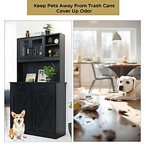 Arlopu Dual Tilt Out Trash&Storage Cabinet, Kitchen Sideboard Cupboard W/Pet Proof 10X2 Gal Hidden Garbage Holder, Freestand Laundry Sort Cabinet, W/Drawer, Shelves,Barn Door (Black)