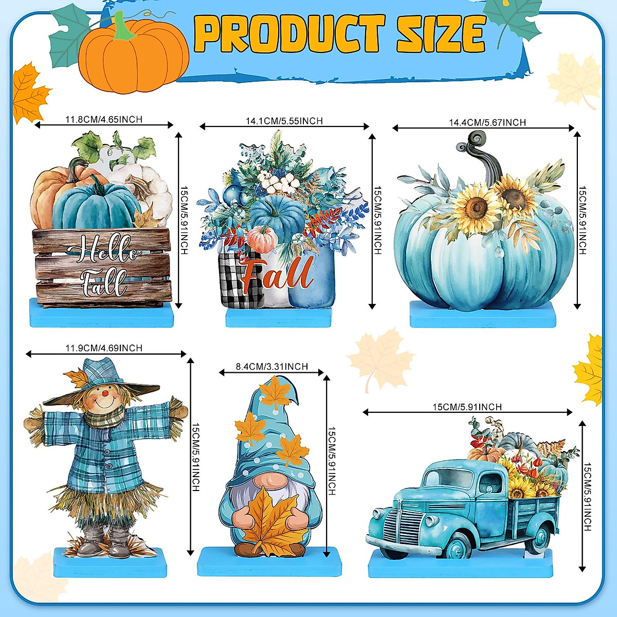 6 Pcs Thanksgiving Wooden Tabletop Decor Hello Fall Pumpkin Gnome Scarecrow Truck Wooden Table Signs Fall Table Decorations Centerpieces for Autumn Harvest Party Supplies(Classic,Blue)