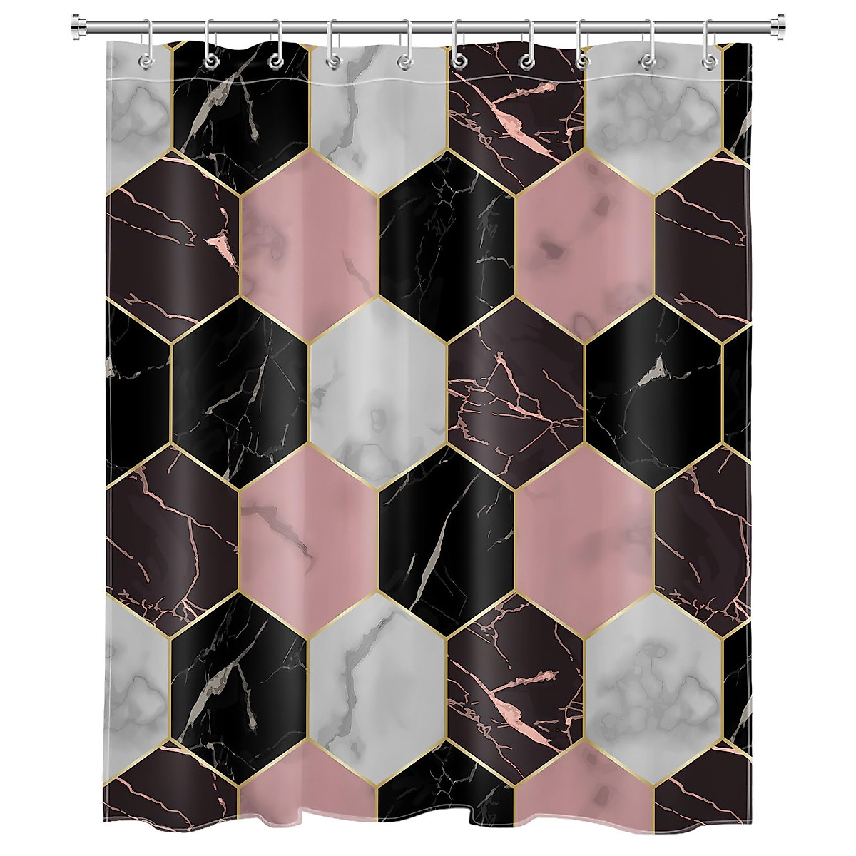 LB Pink and Black Geometric Marble Shower Curtain for Bathroom, Black and Gold Hexagon Pattern Pink and Grey Fabric Shower Curtain with Hooks, Modern Abstract Bathroom Curtain Shower Set, 60"W x 72"L