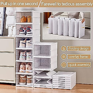 Kewheed Shoe Storage Box 6 PCS, Six-layer Foldable Shoe Boxes Clear Plastic Stackable, Shoe Organizer Containers with Lids, Fit up to US Size 12 for Men/Women, 13.9''x10''x7.7''(White 6PCS)