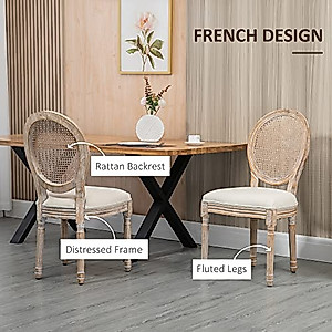 HOMCOM French-Style Upholstered Dining Chair Set, Armless Accent Side Chairs with Rattan Backrest and Linen-Touch Upholstery, Set of 2, Cream White