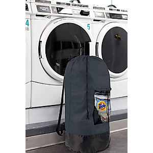 Laundry Bag Backpack with Shoulder Straps and Mesh Pocket Clothes Hamper Bag with Drawstring Closure for College, Travel, Laundromat, Apartment (Charcoal Grey)