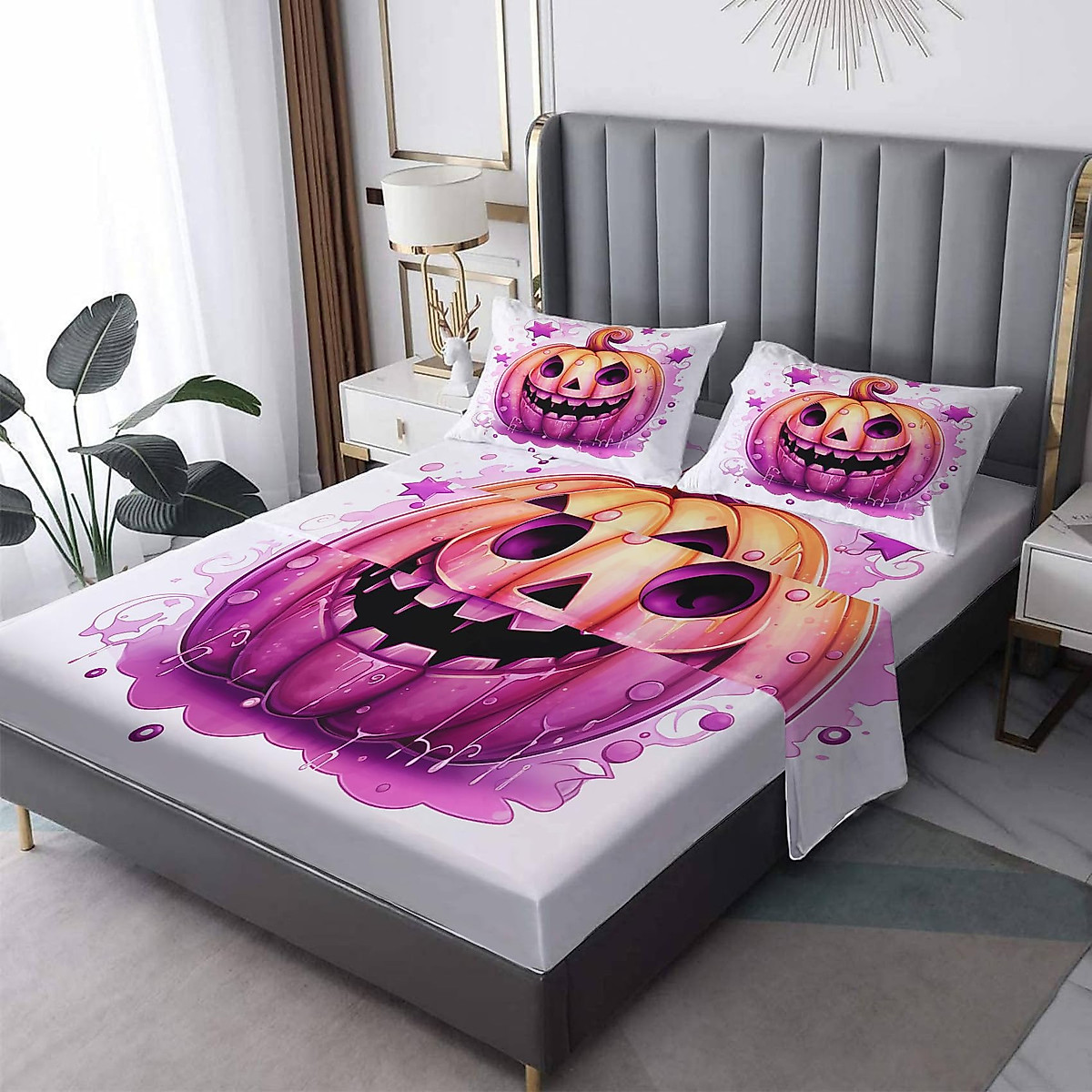 Pumpkin Sheets Twin Size, Halloween Spooky Bed Sheets, Patterned Bedding Sheets & Pillowcases 3 Piece Set - Soft Microfiber Deep Pocket Fitted Sheet & Flat Sheet & Pillow Case Z1-&-66