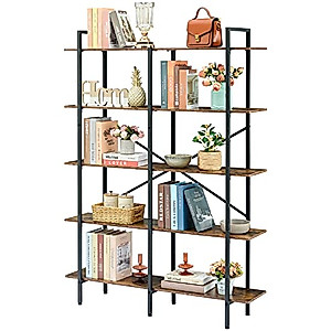 Hoctieon Double Wide 5 Tier Bookshelf, Rustic Open Etagere Bookcase, Vintage Industrial Large Bookshelves, Display Shelves with Metal Frame, for Home Office Decor Display, Rustic Brown