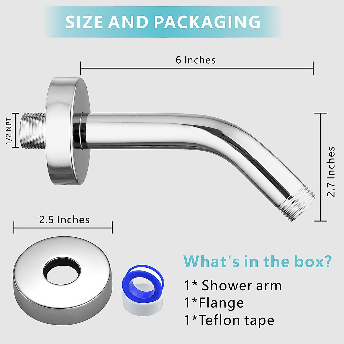 Nuodan Shower Arm with Flange, 6 Inches Wall Mount Replacement Shower Head Arm For Fixed Shower Head and Handheld Showerhead, Chrome