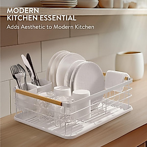 Navaris Dish Drainer Rack - Plate, Silverware, Pots and Pans Drying Rack for Kitchen with Beechwood Handles - Modern Retro Design Drip Tray - White
