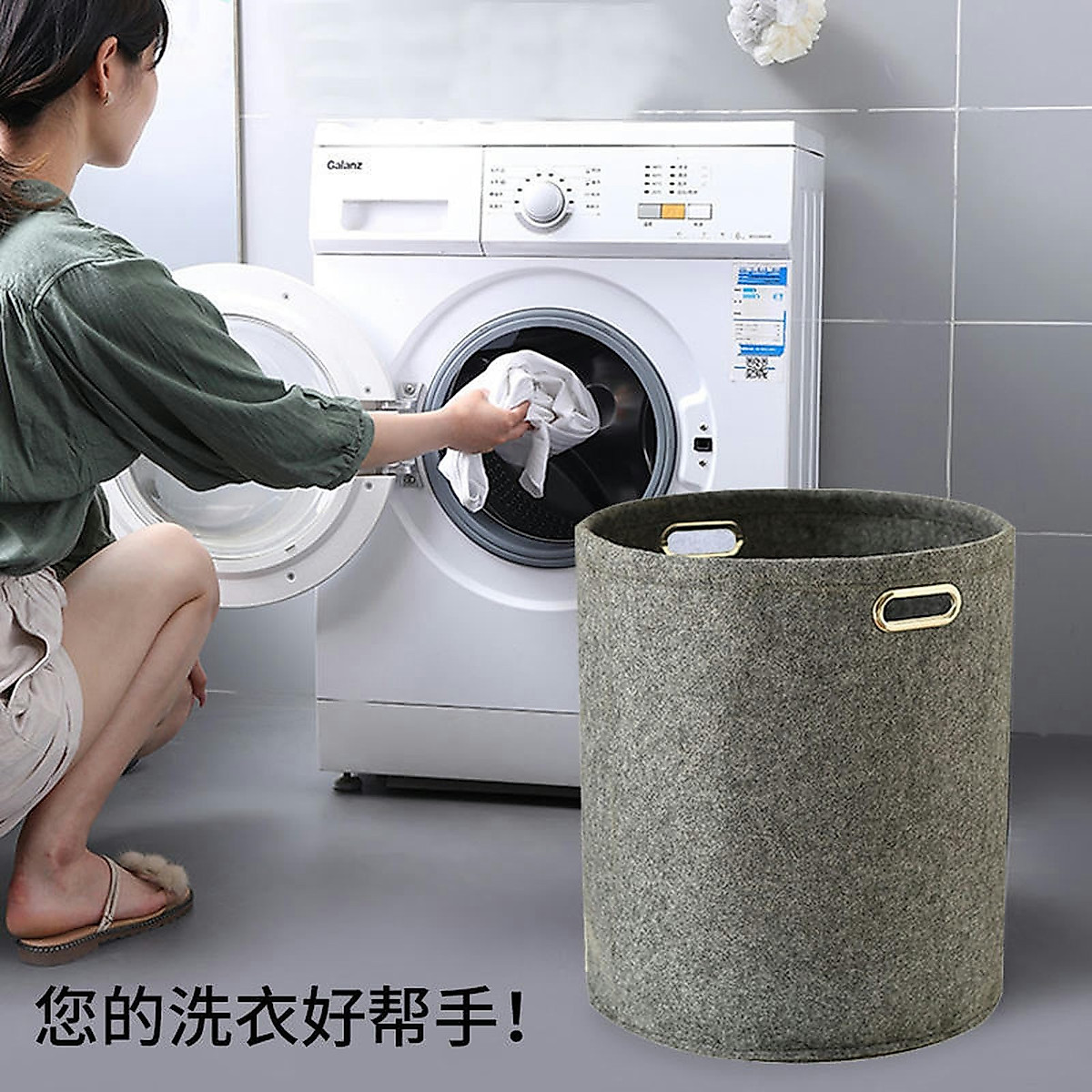 Felt Debris Storage Basket Dirty Clothes Storage Basket Large Household Thickened Dirty Clothes Basket Toy Storage Bucket-Light gray-3mm thick * 37cm diameter * 46cm height